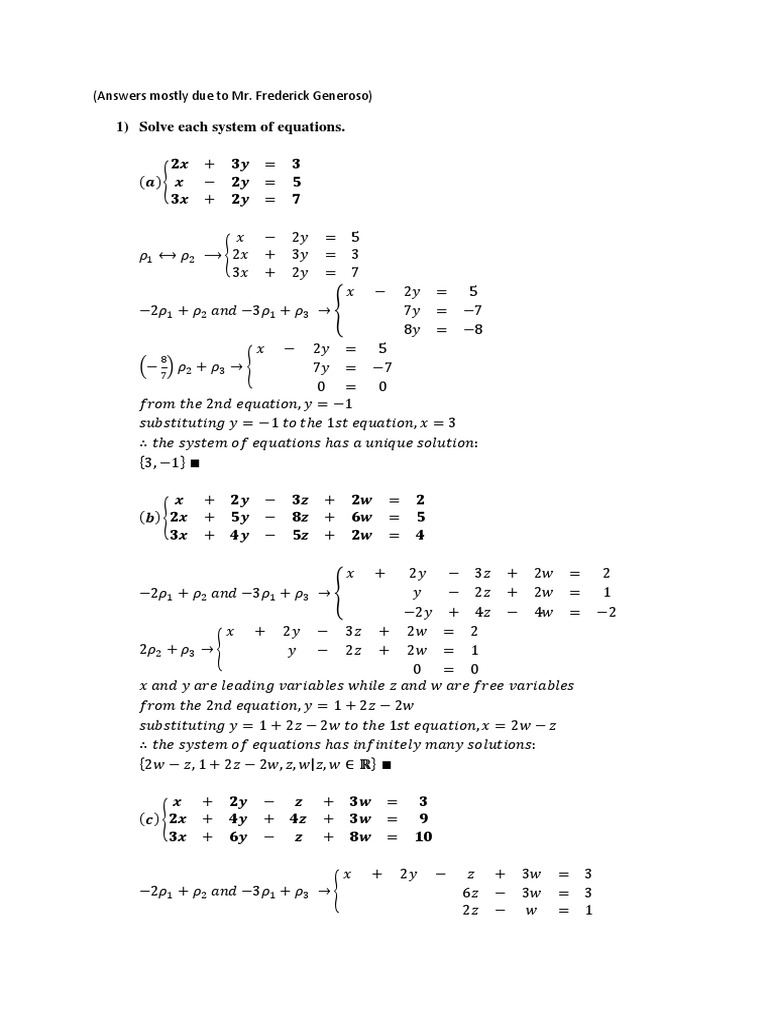 1) Solve Each System of Equations.: (Answers Mostly Due To Mr ...