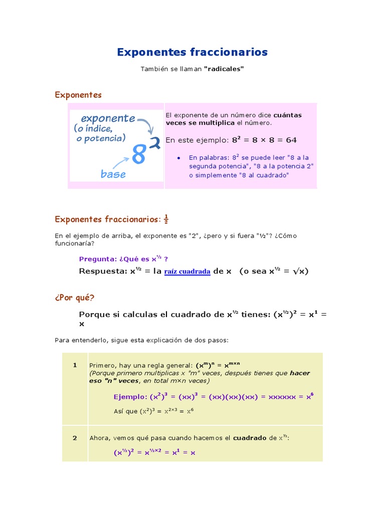 Exponentes Fraccionarios y Raíces | PDF | Fracción (Matemáticas ...