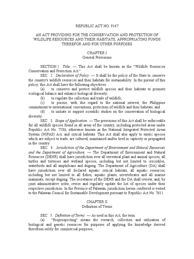 Ra 9147 | PDF | Conservation Biology | Endangered Species Act Of 1973