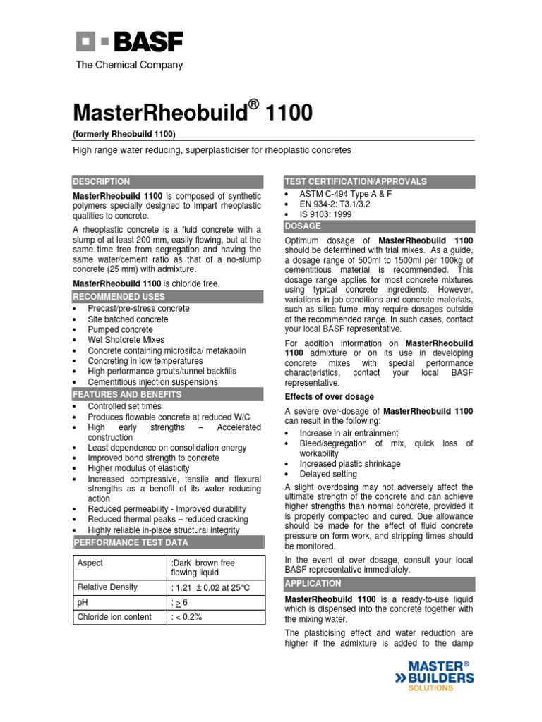 MasterRheobuild 1100 v1 | PDF | Concrete | Structural Engineering