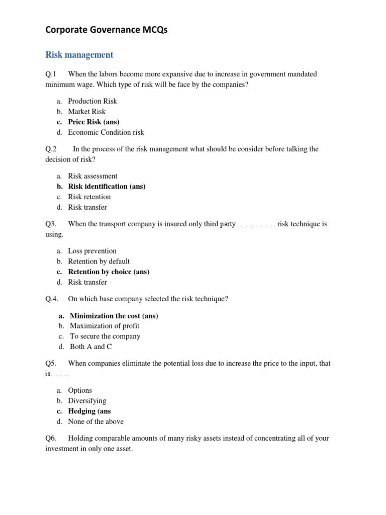 Corporate Governance MCQs on Risk Management, CSR and Directors | PDF ...