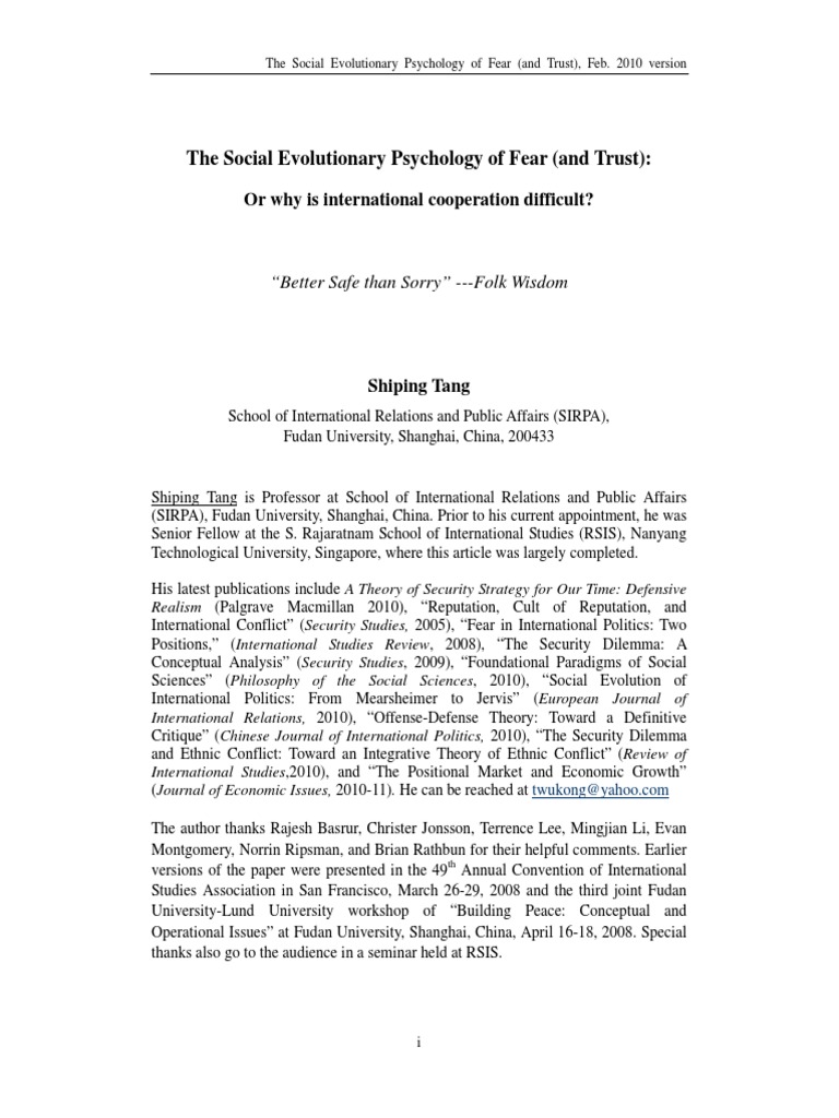 The Social Evolutionary Psychology of Fear (And Trust) :: or Why Is ...