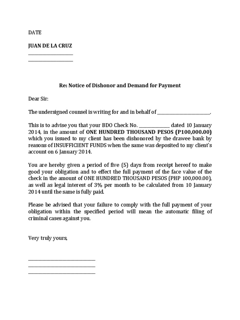 Notice of Dishonor Draft