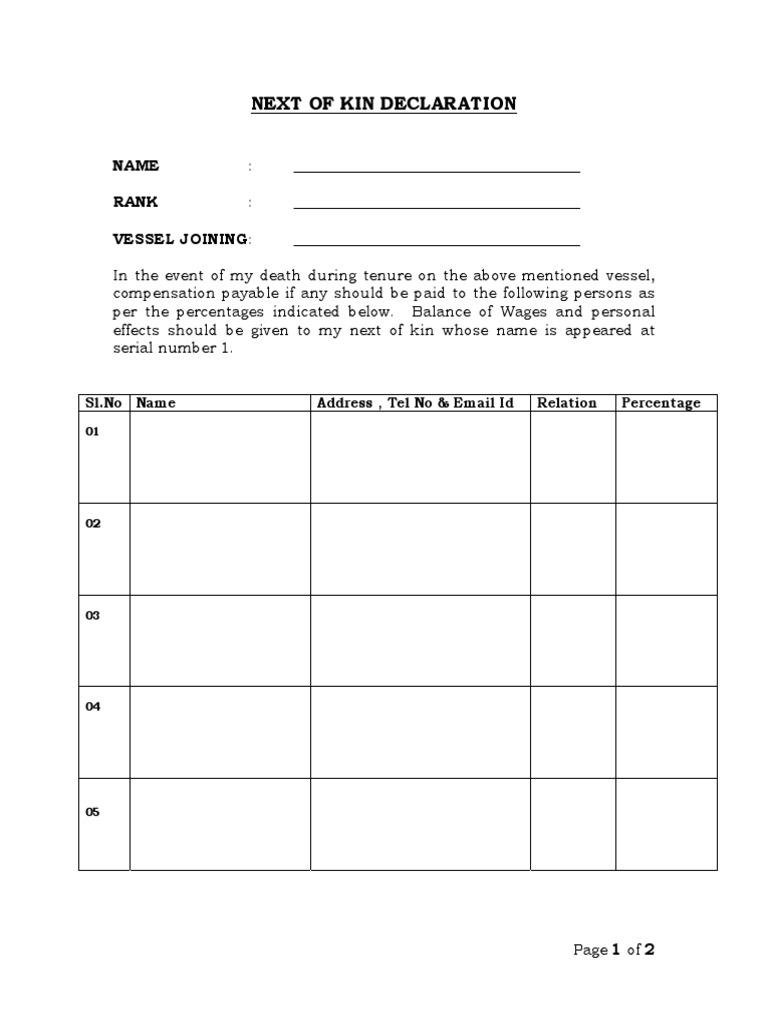 Next of Kin Declaration Form Template | PDF | Government | Social ...