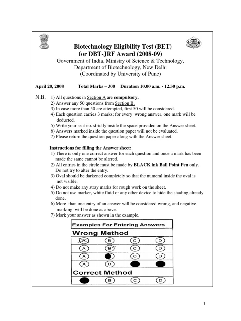 DBT BET Question Paper 2008 With Answer Key | PDF | Sequence Alignment ...
