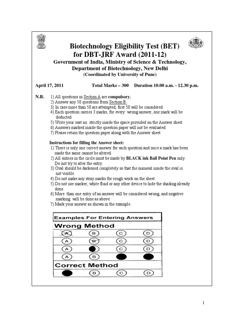 DBT BET Question Paper 2011 With Answer Key | PDF | Cell Membrane ...