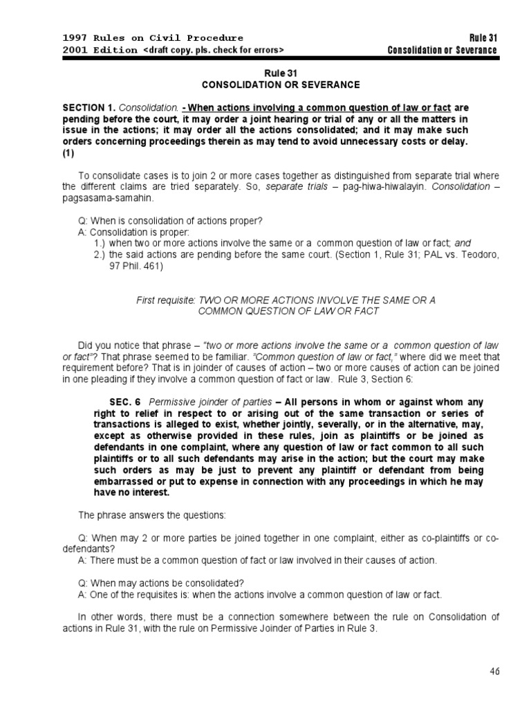 Rule 31: Consolidation of Cases | PDF | Joinder | Complaint