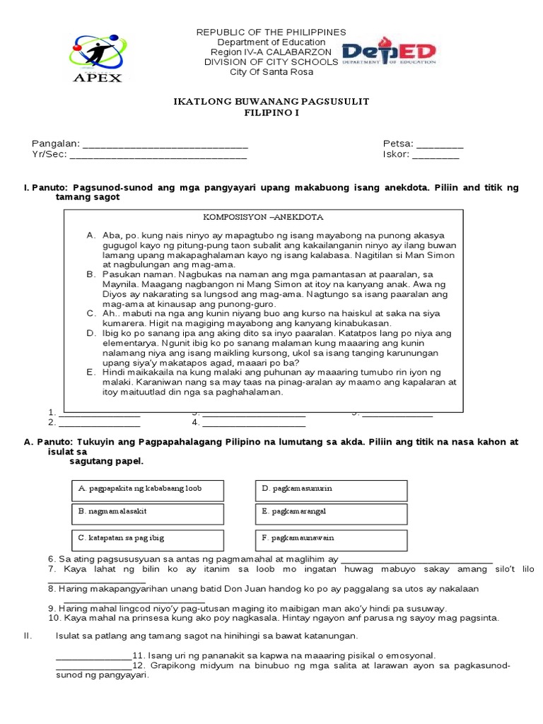 3rd Monthly Test Sa Fil. 1 | PDF