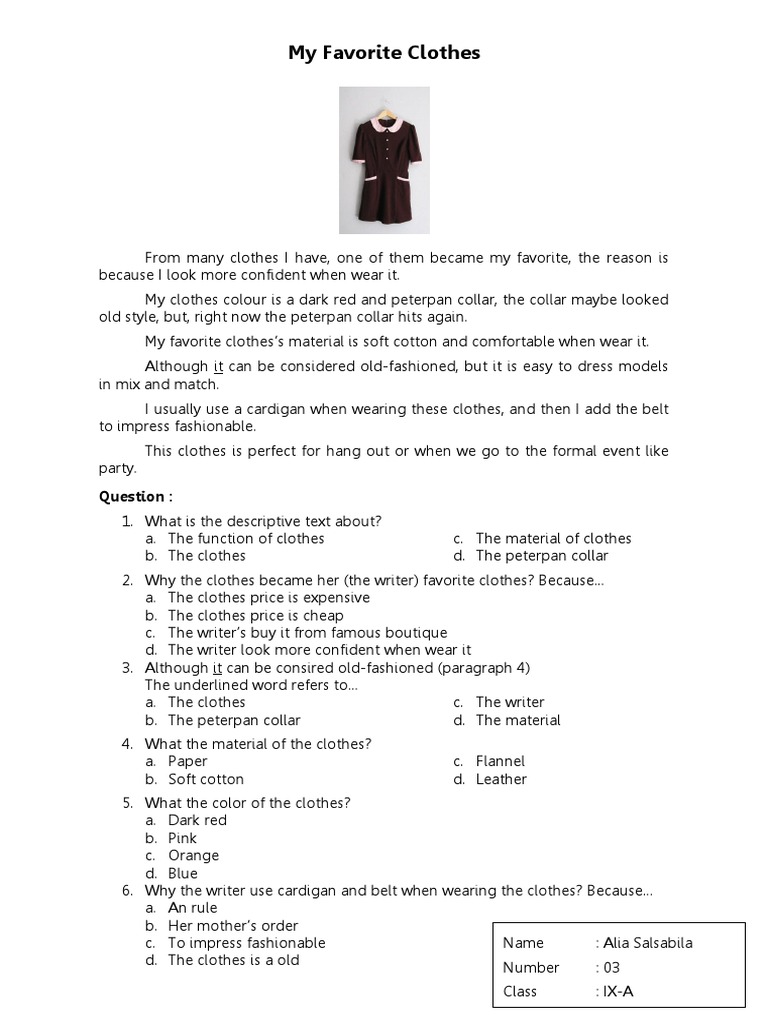Descriptive Text My Favorite Clothes | PDF | Clothing | Dress Codes