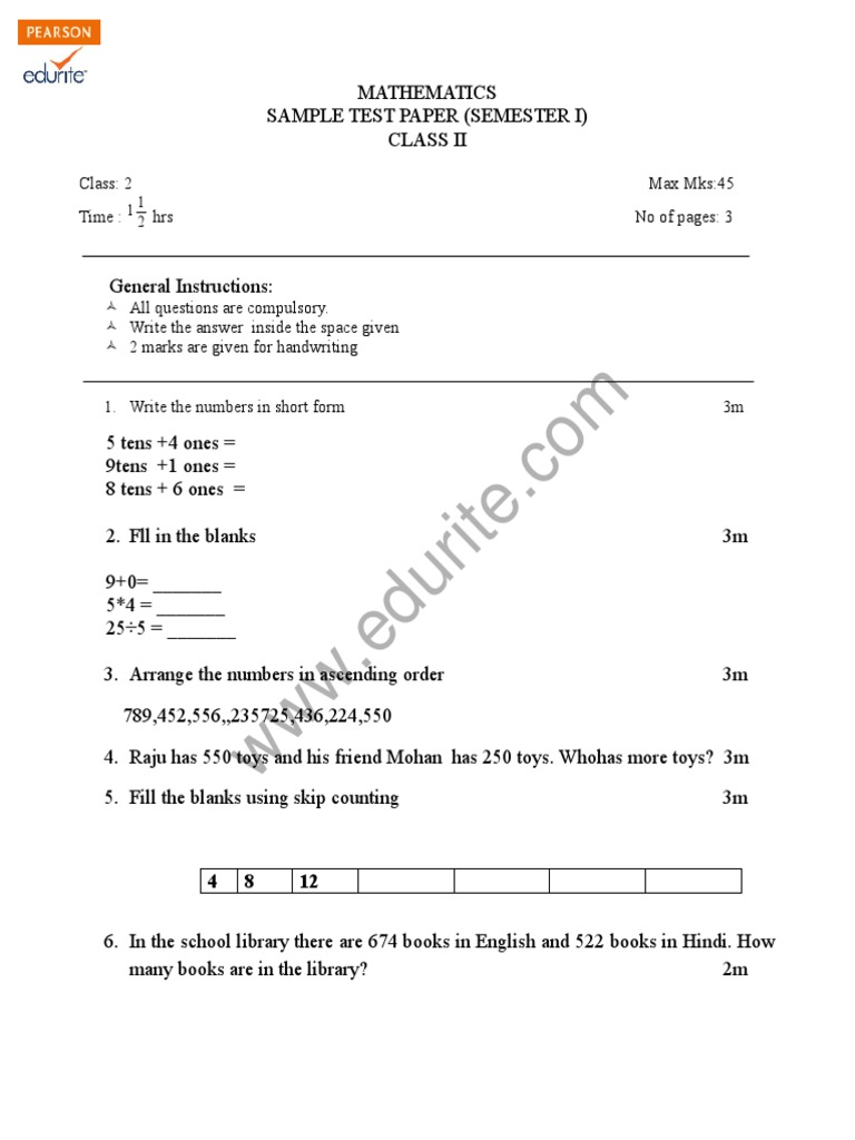 Class 2 Cbse Maths Sample Paper Term 1 Model 2 | PDF
