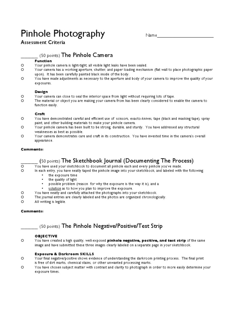Pinhole Photo Grading Rubric 09-10 | PDF | Camera | Exposure (Photography)
