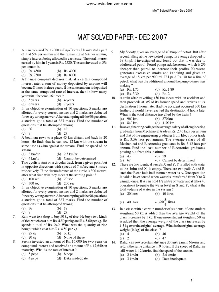 MAT Solved Question Paper Dec 2007 | PDF | Teaching Methods & Materials