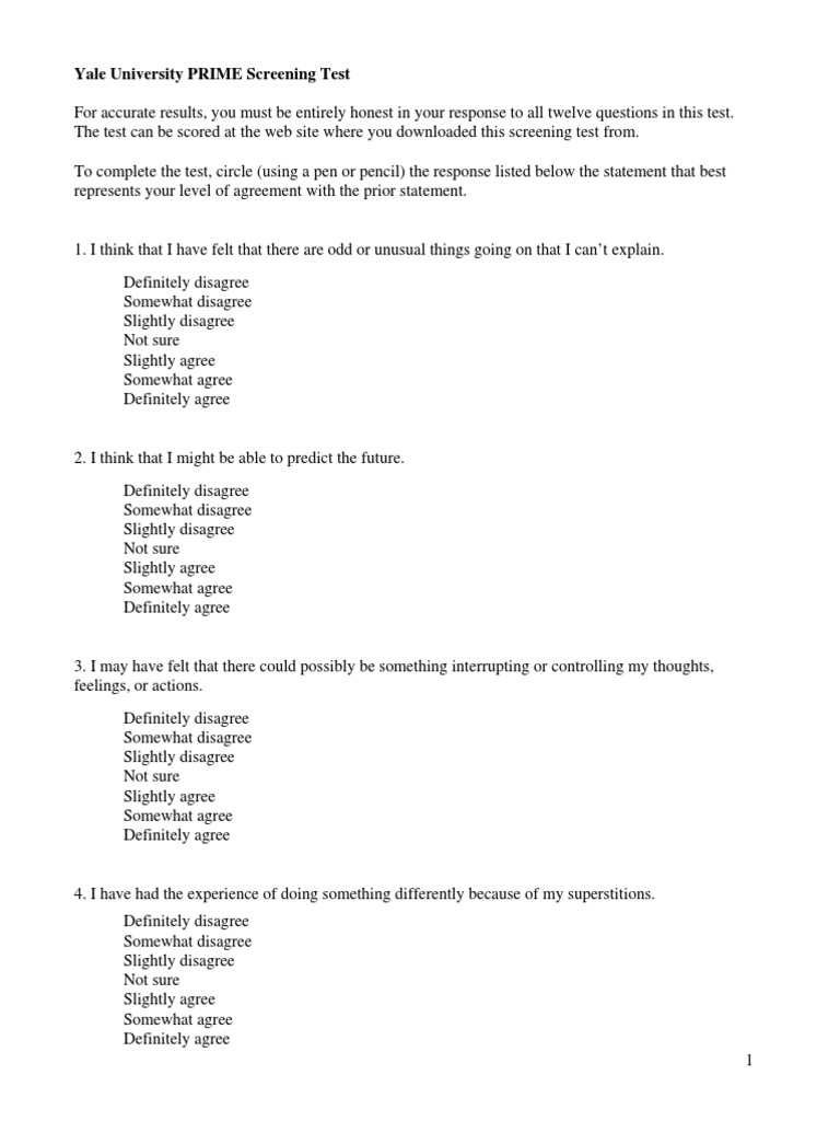 Yale PRIME Screening Test Guide | PDF | Self-Improvement