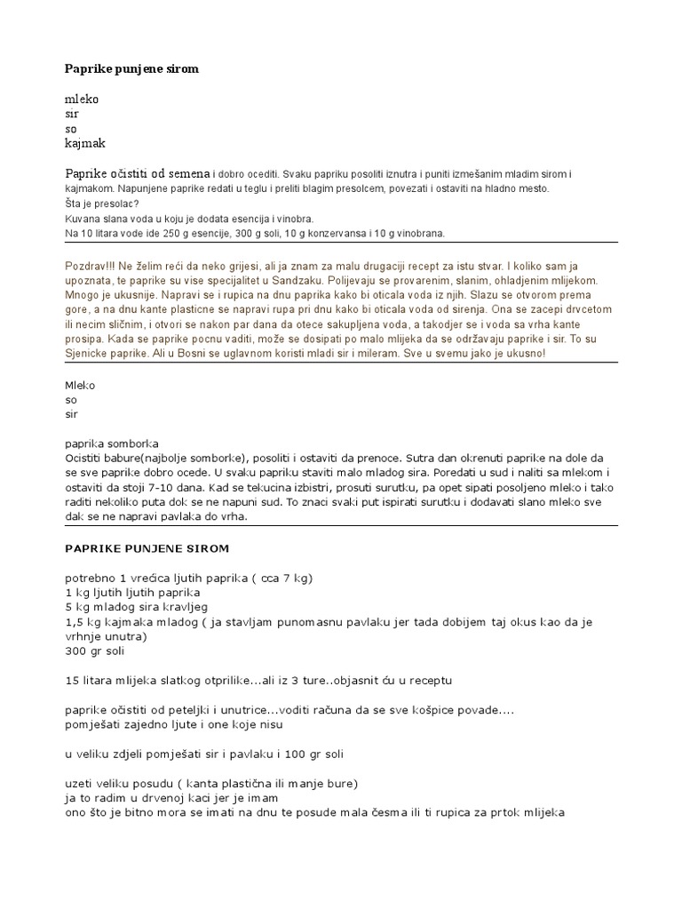 Paprike Punjene Sirom, Sandžačke Paprike | PDF