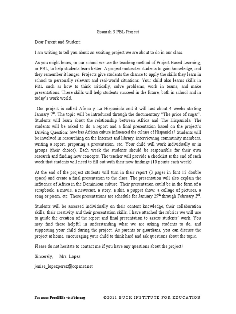 Letter - Parent For PBL | PDF | Project Based Learning | Education Theory