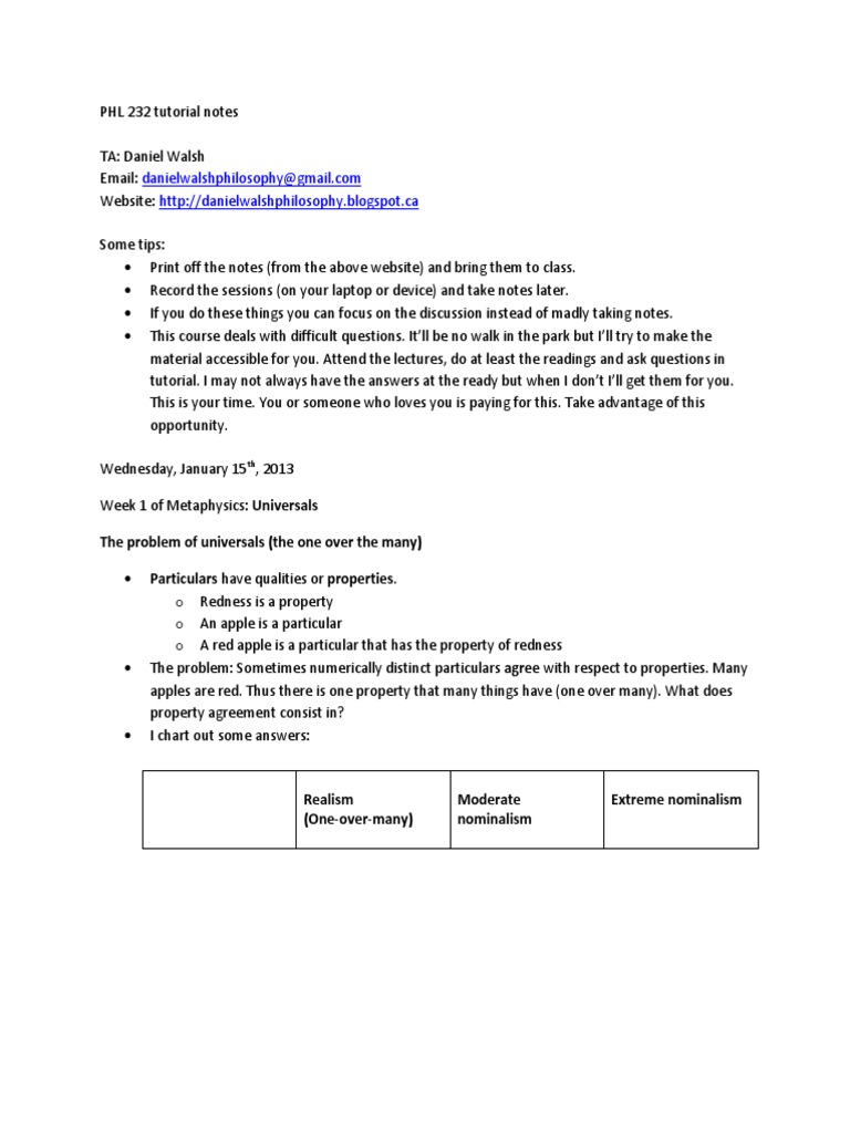 PHL 232 Tutorial Notes | PDF | Propositional Attitudes | Metaphysics