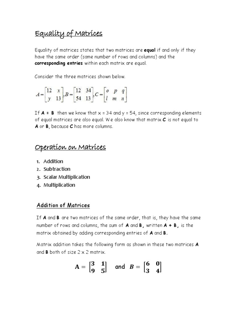 Equality and Operation On Matrices | PDF | Matrix (Mathematics ...