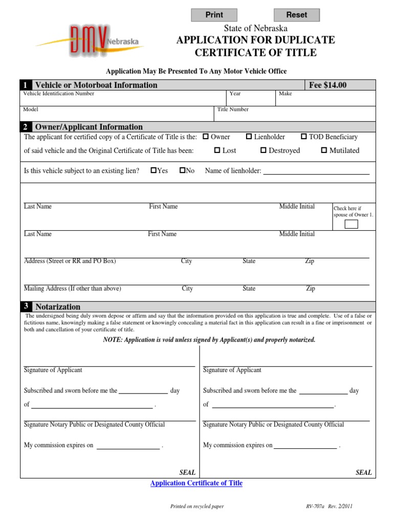 Nebraska Duplicate Title Application Form | PDF