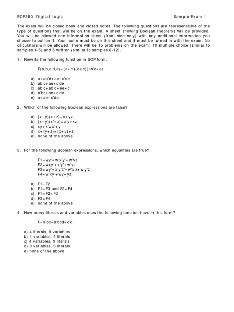 ECE380: Digital Logic Sample Exam 1 | PDF | Boolean Algebra | Teaching ...
