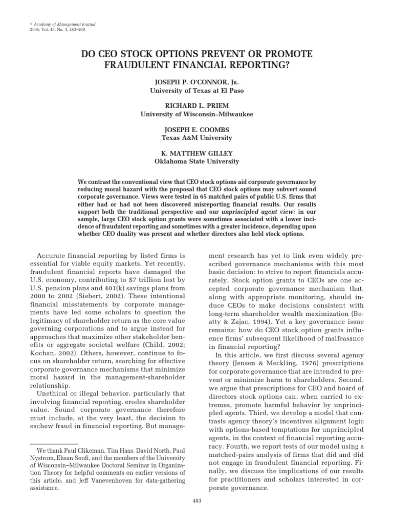 CEO Stock Options and Financial Fraud | PDF | Black–Scholes Model ...