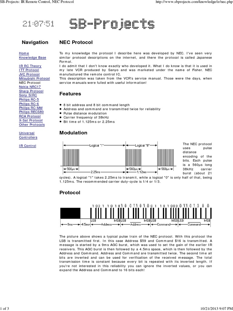 NEC Protocol | PDF | Remote Control | Telecommunications Engineering