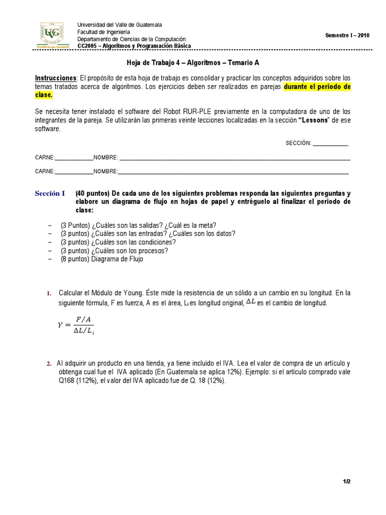 Hoja Trabajo 4 - Algoritmos - Temario A | PDF | Programa de computadora | Programación