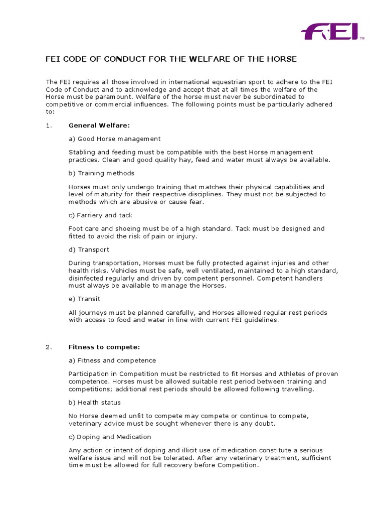 FEI Code of Conduct for Horse Welfare | PDF | Horses | Equestrianism