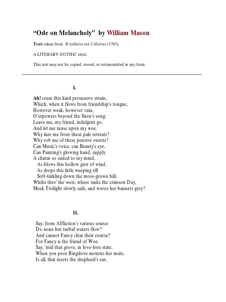 "Ode On Melancholy" By: William Mason | PDF
