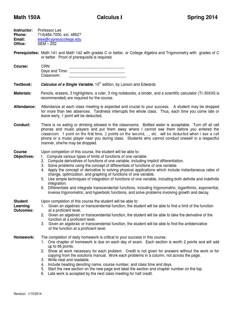 Math 150a Syllabus | PDF | Derivative | Variable (Mathematics)