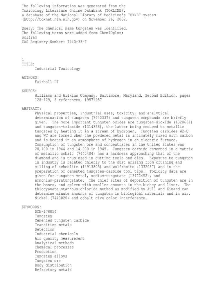 Tungsten Toxicity | PDF | Tungsten | Molybdenum