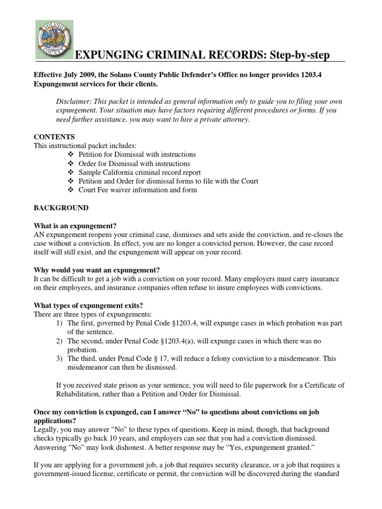 Solano County PD Expungement Packet | PDF | Criminal Record | Probation