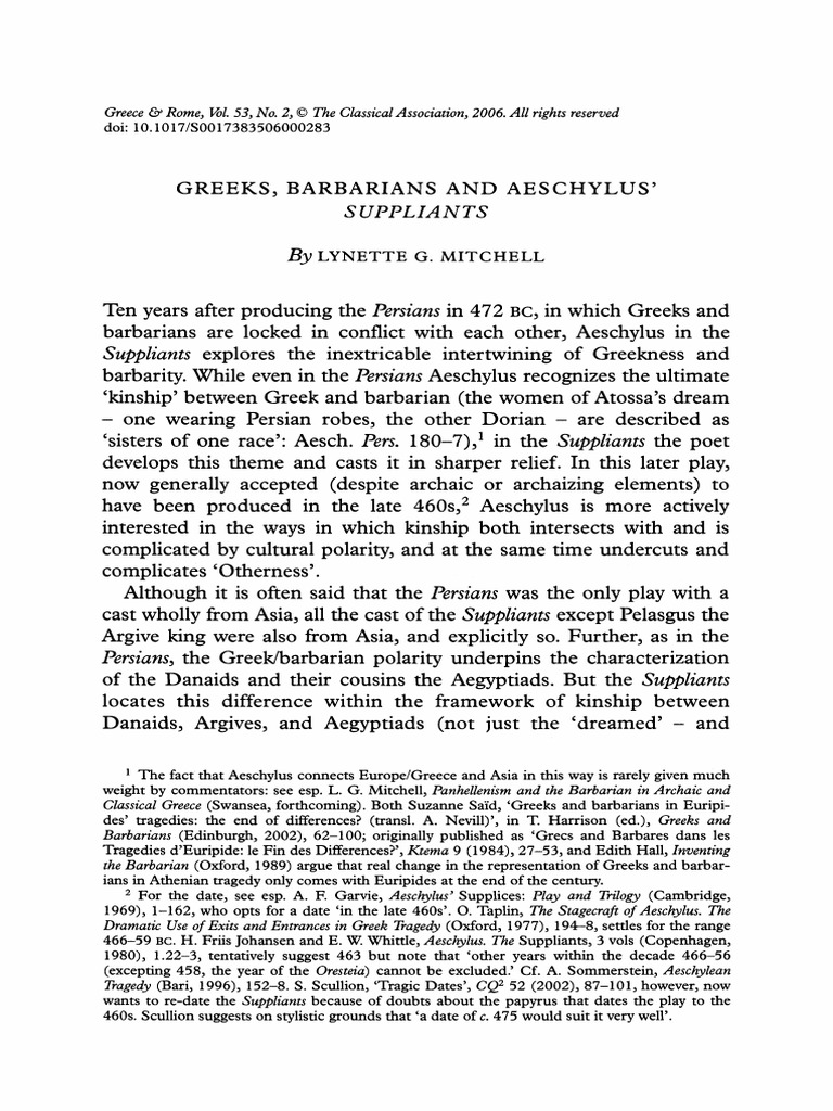 Aeschylus' Suppliants: Greeks and Barbarians | PDF | Aeschylus