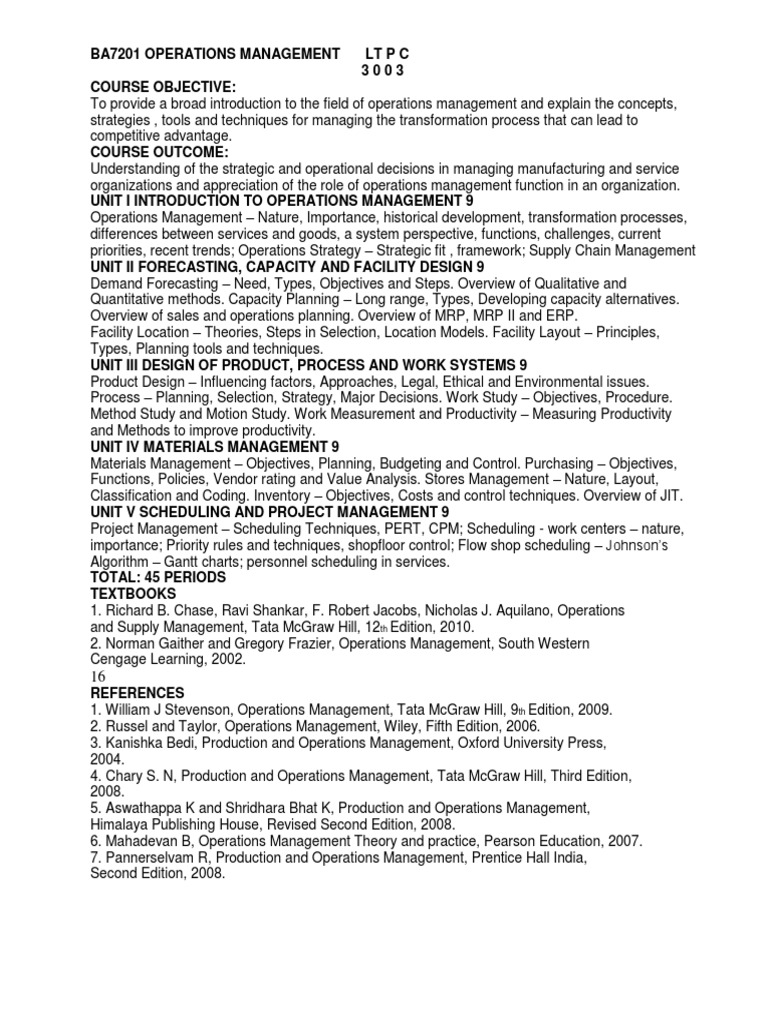 BA7201 - Operations Management - Syllabus | Download Free PDF ...