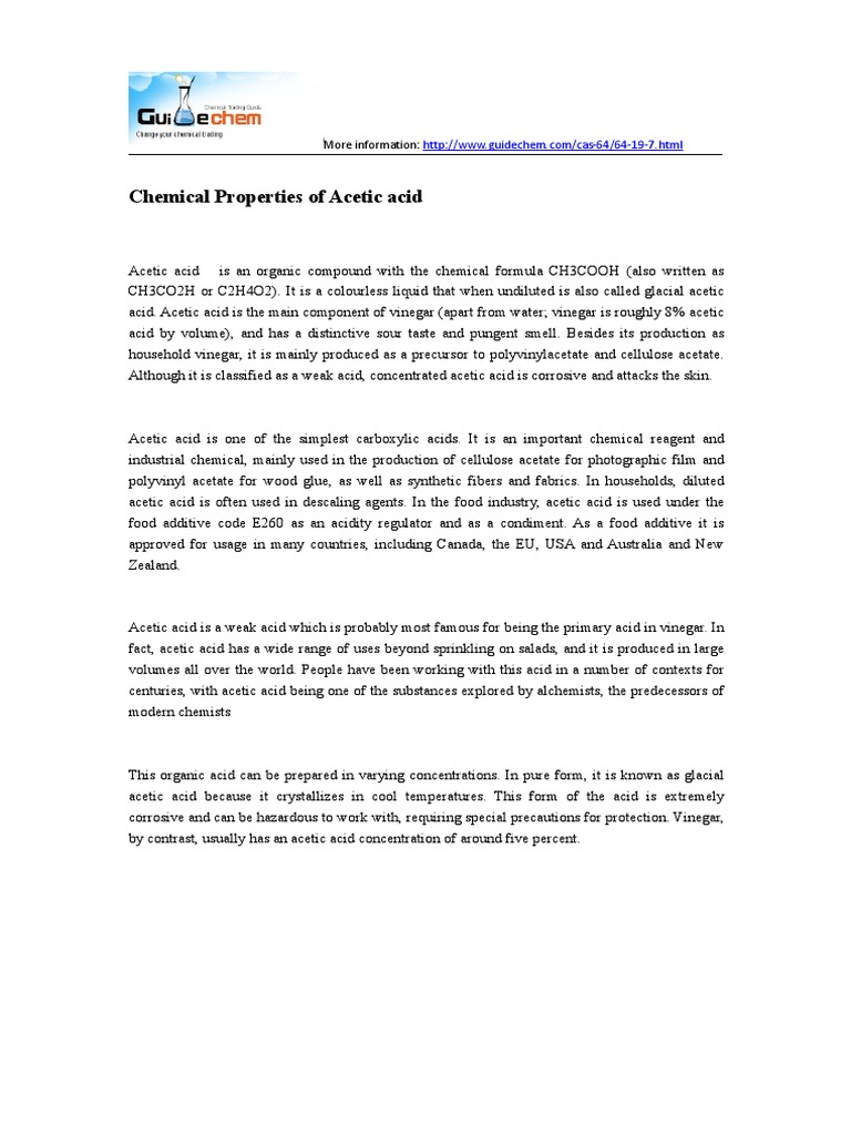 Chemical Properties of Acetic Acid | PDF | Acetic Acid | Chemical Compounds