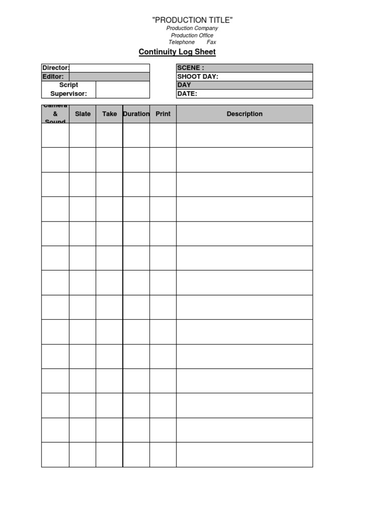 Continuity Log Sheet: "Production Title" | PDF | Computers | Technology & Engineering