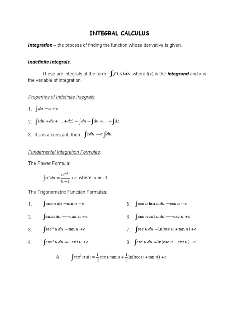 Integral Calculus Concepts and Formulas | PDF | Integral ...