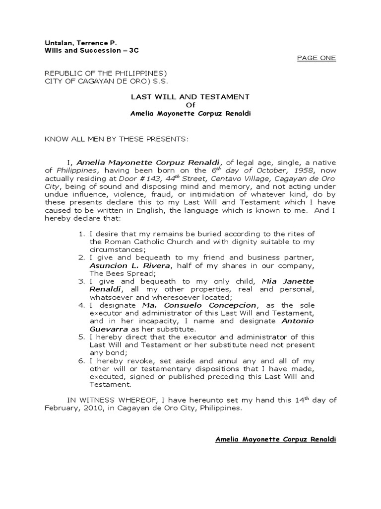 Last Will of Amelia Renaldi | PDF | Will And Testament | Property Law
