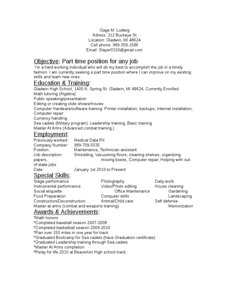Part-Time Job Seeker Resume - Gage Ludwig | PDF