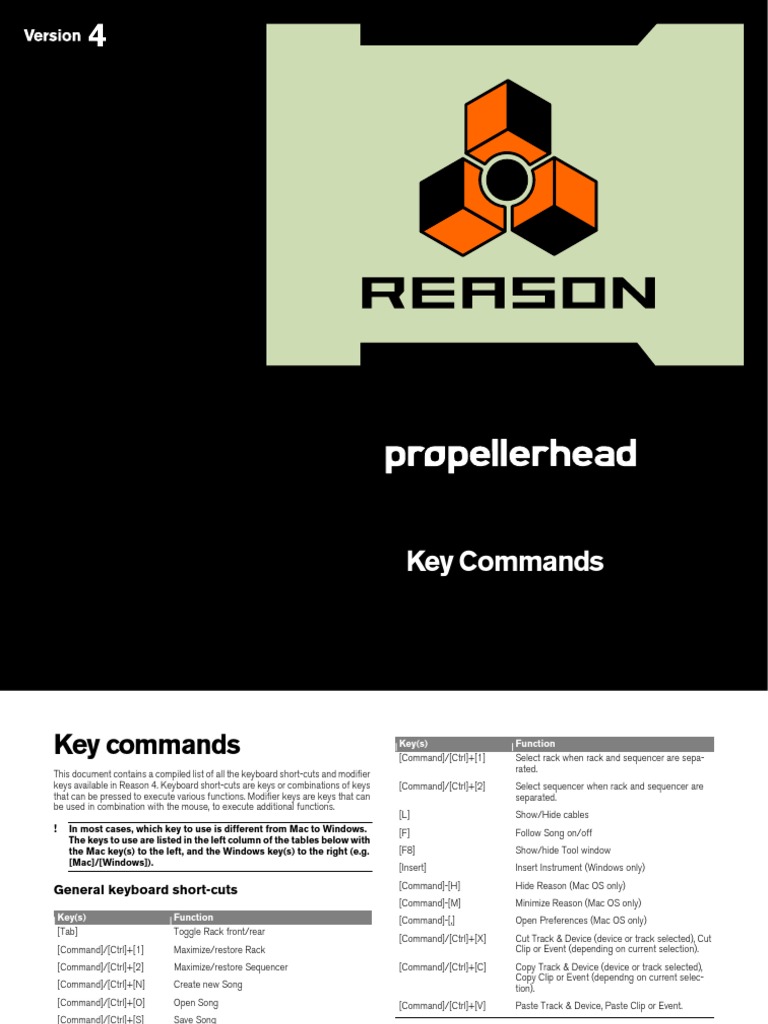 Propellerheads Reason 4 Key Commands | PDF | Keyboard Shortcut ...
