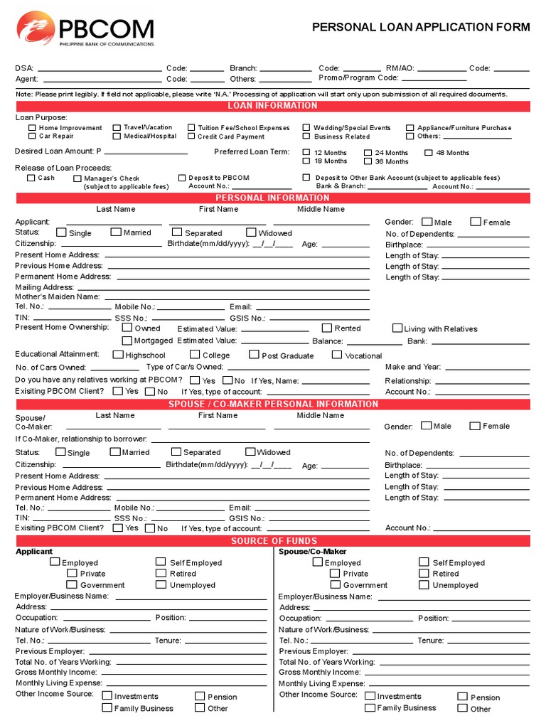 PBCOM Personal Loan Application Form | PDF | Credit (Finance) | Loans