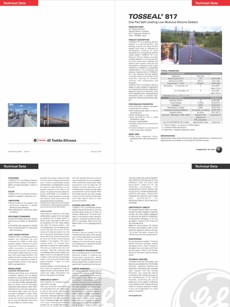 Tosseal 817 Self Leveling Sealant For Concrete Road Joints | PDF