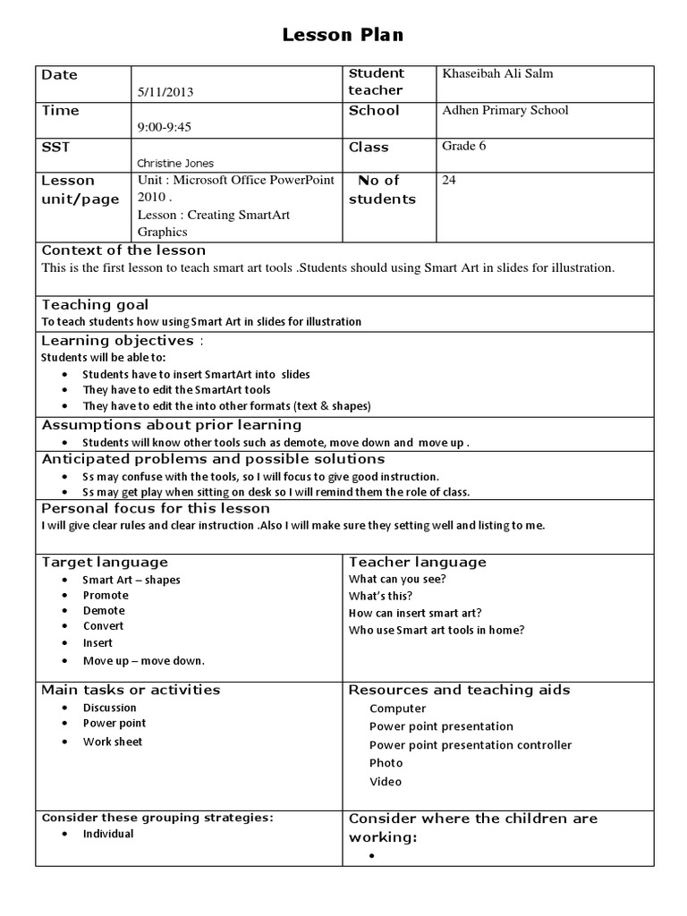 1 lesson plan | Microsoft Power Point | Lesson Plan