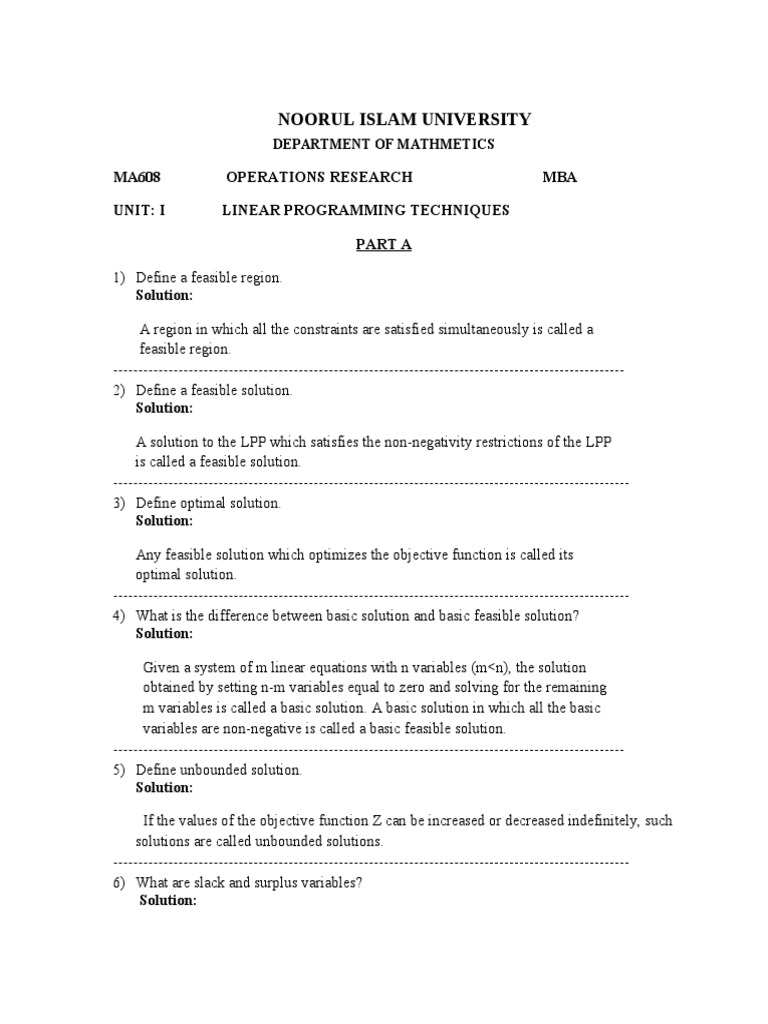 Noorul Islam University: MA608 Operations Research MBA Unit: I Linear ...
