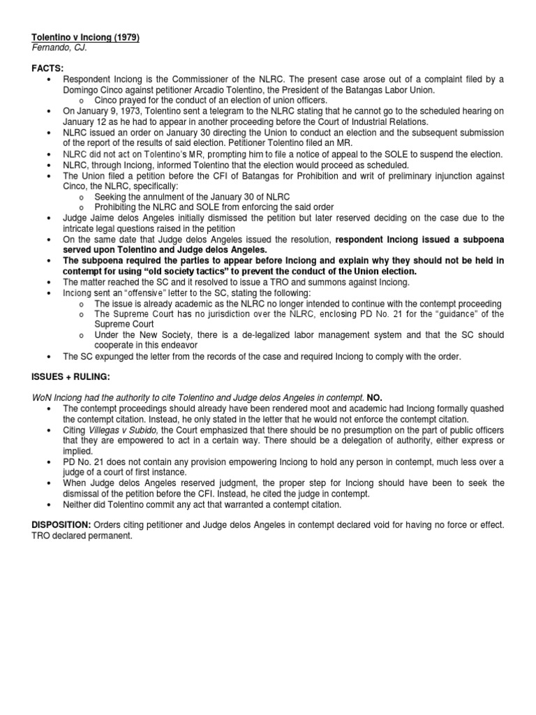 Tolentino V Inciong | PDF | Contempt Of Court | Writ Of Prohibition