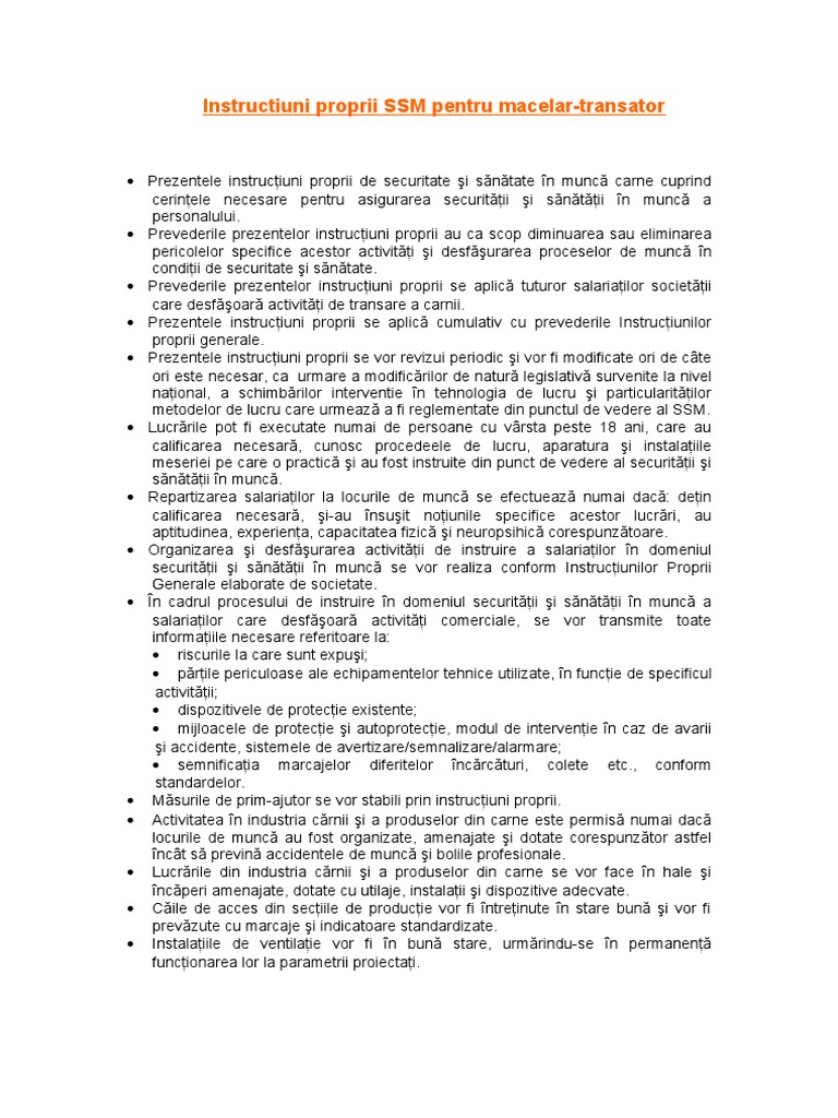 Instructiuni Proprii SSM Pentru Macelar-Transator | PDF