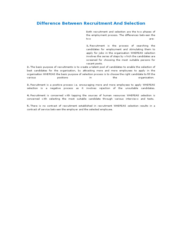 Difference Between Recruitment and Selection | PDF | Career & Growth