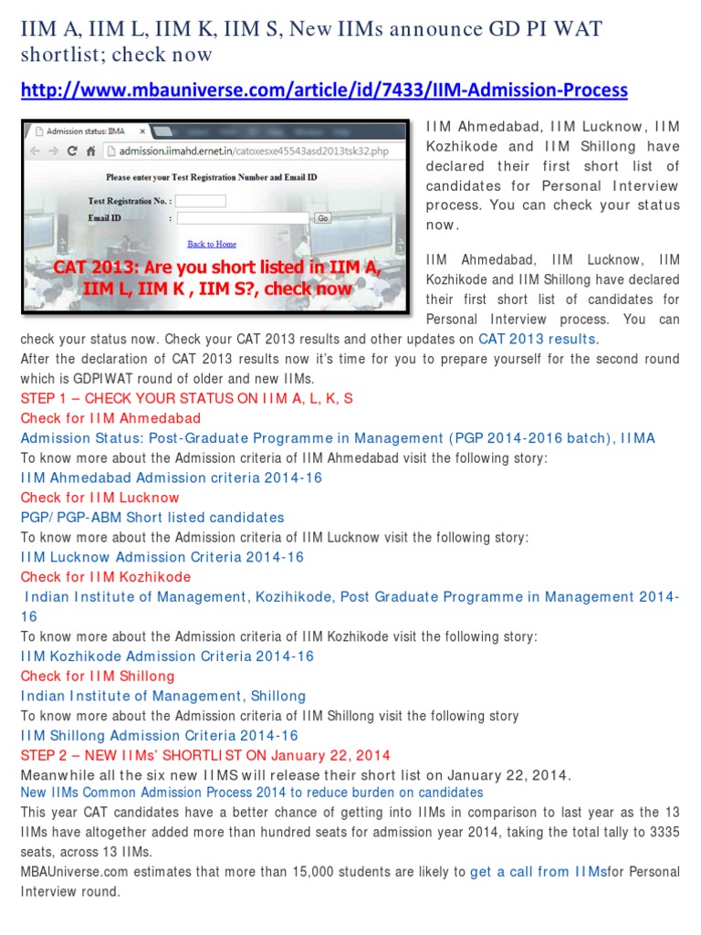 IIM A, IIM L, IIM K, IIM S, New IIMs Announce GD PI WAT Shortlist Check ...