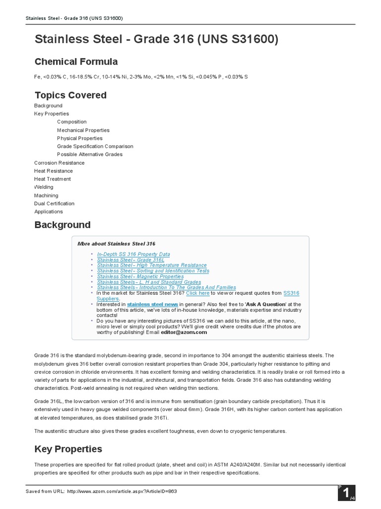 Stainless Steel Grade 316 (UNS S31600) | PDF | Stainless Steel | Corrosion