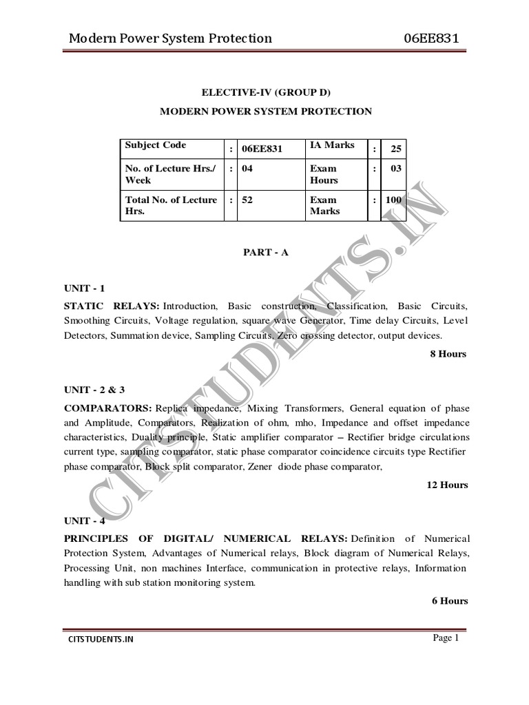 Eee-Viii-modern Power System Protection (06ee831) - Notes | PDF | Relay ...