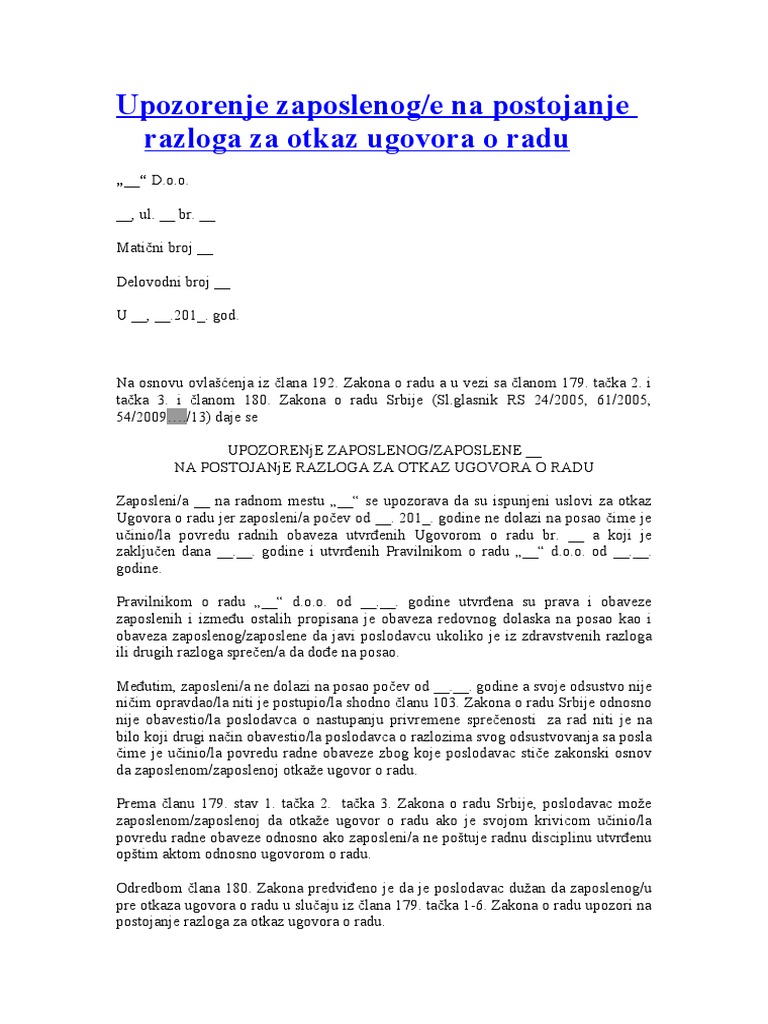 Radno Pravo Upozorenje Zaposlenog Pred Otkaz | PDF